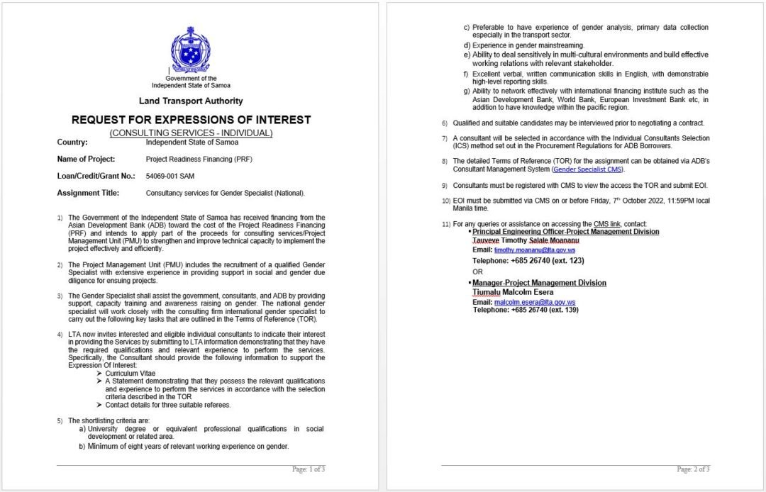 ADB-funded Samoa Transport Sector Development Project - Land Transport ...