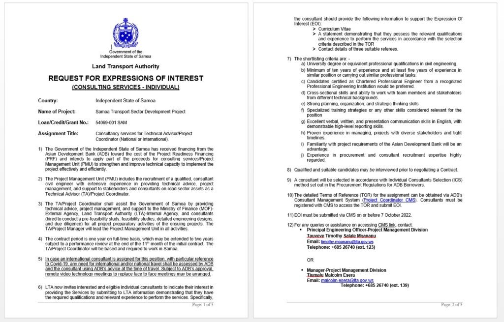 ADB-funded Samoa Transport Sector Development Project - Land Transport ...