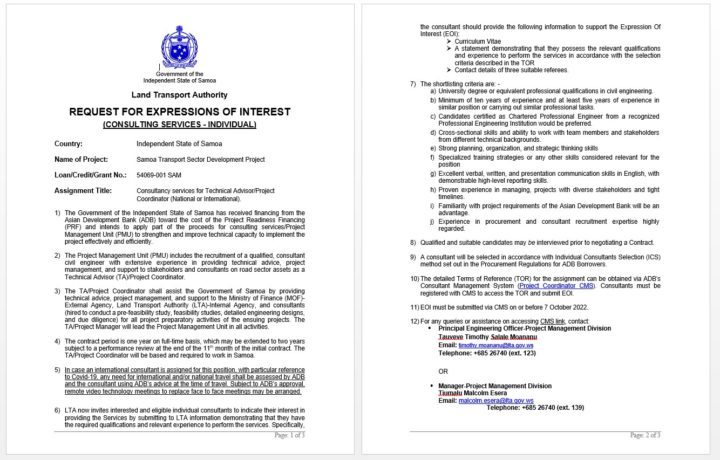 ADB-funded Samoa Transport Sector Development Project - Land Transport ...